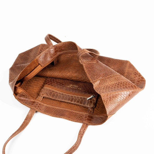 MAISON FANLI Rectangular Tote w/ zip - Snake Leather - Camel - Frenchbazaar